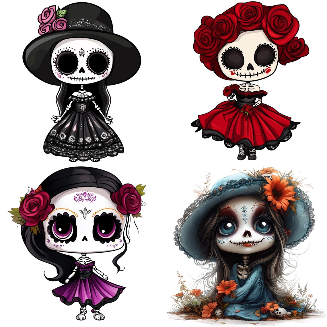 40 Chibi La Catrina PNG Clipart Bundle, illustration d'art folklorique ...