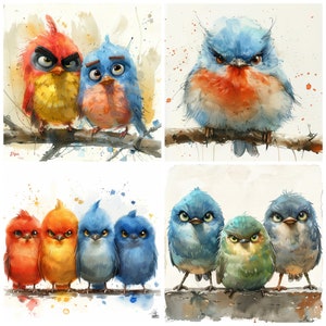40 Grumpy Birds PNG Clipart, Watercolor Moody Bird Illustration ...