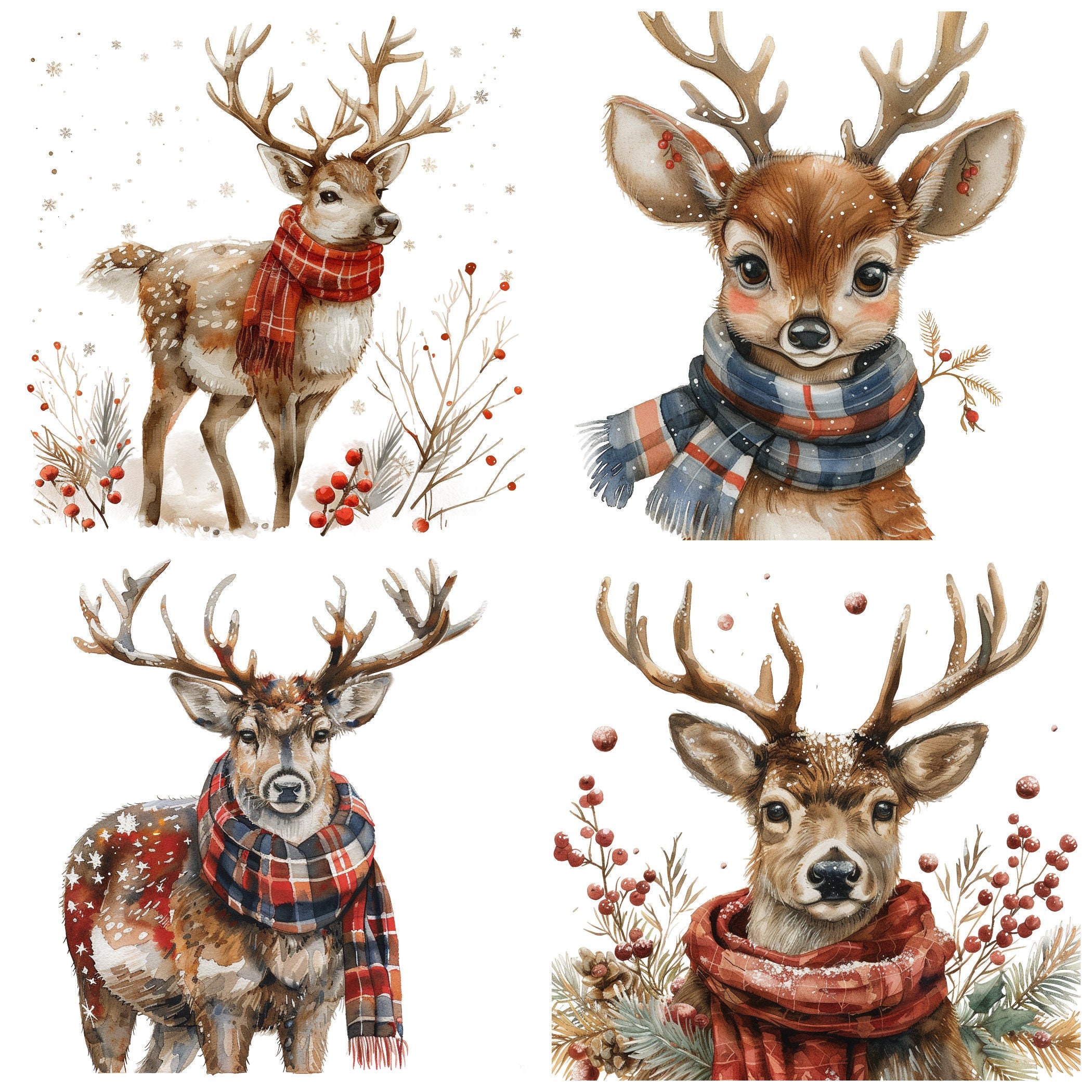 Watercolor Christmas Reindeer Clipart, 55 PNG Illustrations (commercial ...