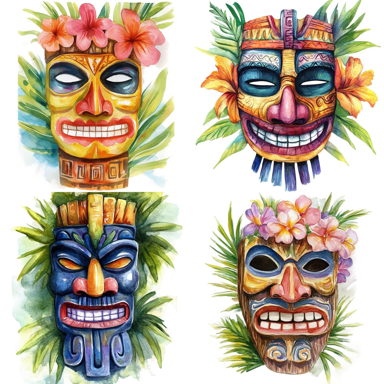 50 Hawaiian Tiki Mask PNG Clipart Bundle, Watercolor Tropical Tiki Mask ...