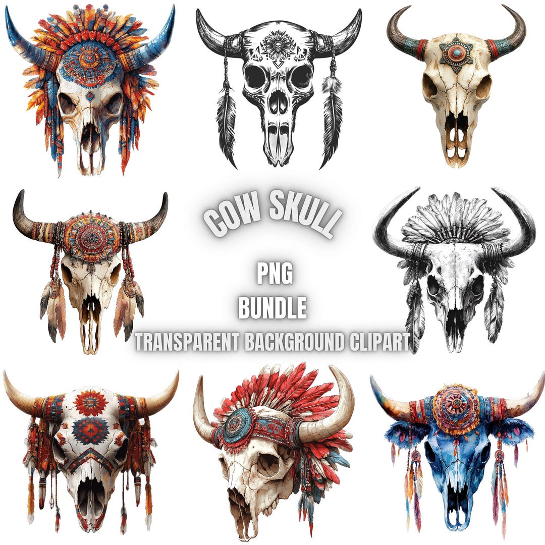 26 Cow Skull PNG Clipart Bundle, Watercolor Western Skull Illustration ...