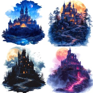 32 Mystic Moonlit Castle PNG Clipart Bundle, Watercolor Fantasy Castle ...