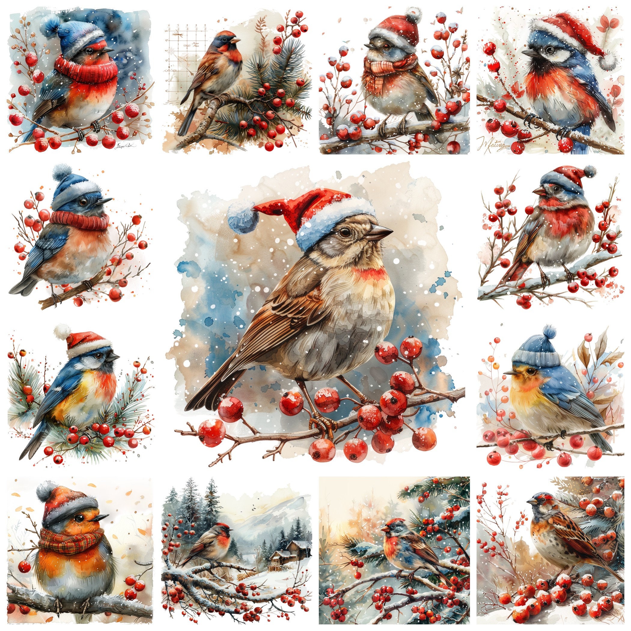 52 Christmas Bird PNG Clipart Bunlde, Watercolor Xmas Bird Transparent ...