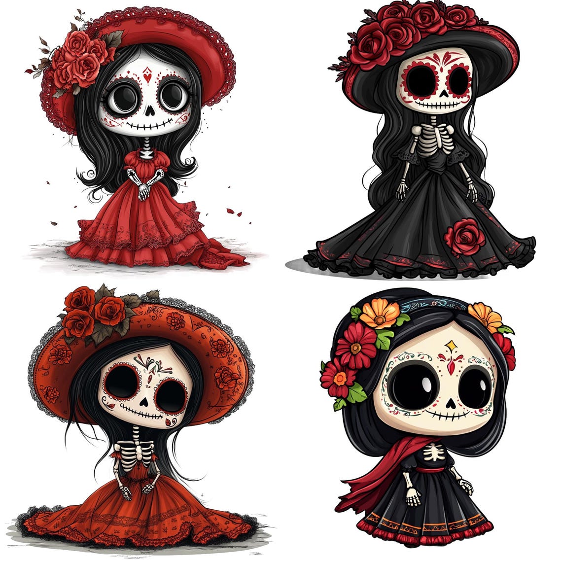 40 Chibi La Catrina PNG Clipart Bundle, illustration d'art folklorique ...