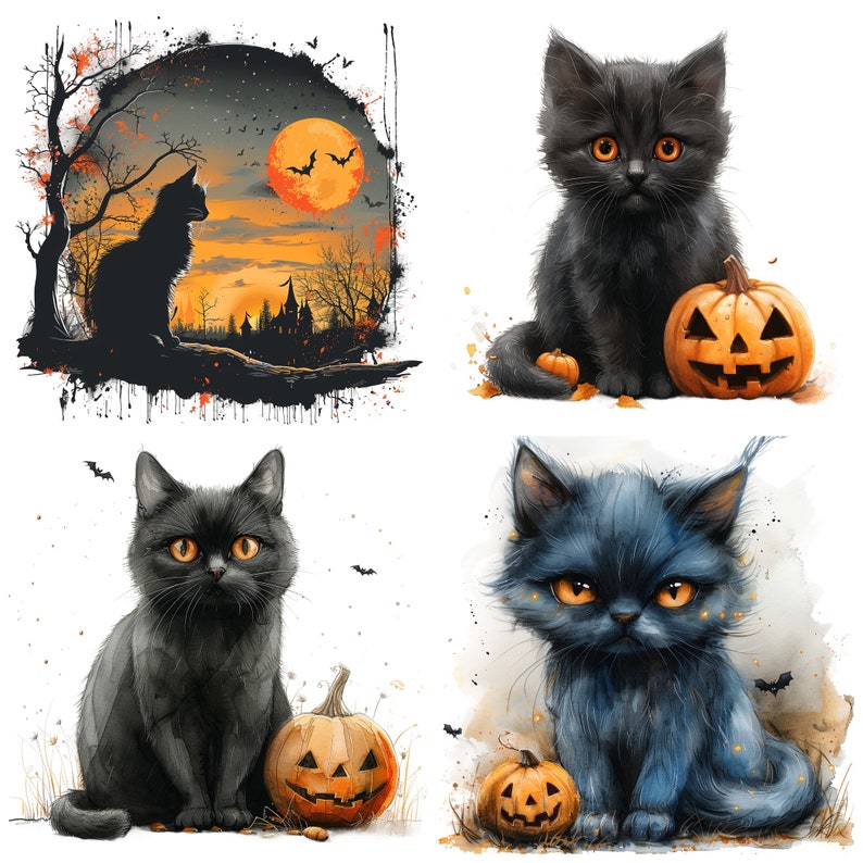45 Halloween Black Cat PNG Clipart, Watercolor Spooky Cat Transparent ...