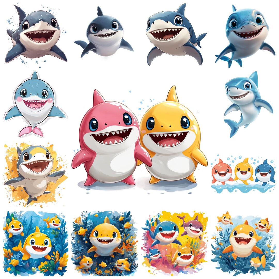 38 Cute Baby Shark PNG Clipart Bundle, Adorable Cartoon Shark Card ...