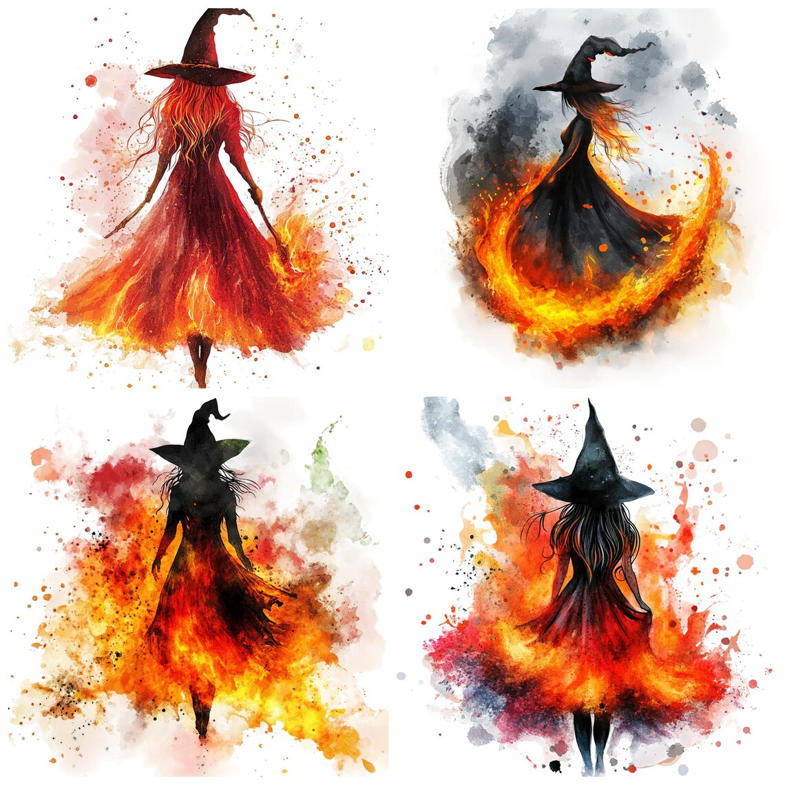 44 Fire Witch Clipart PNG Bundle, Watercolor Flaming Witchcraft ...