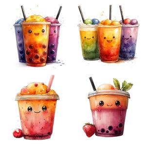 Kawaii Boba Tea PNG Clipart Bundle, Watercolor Illustration (commercial ...