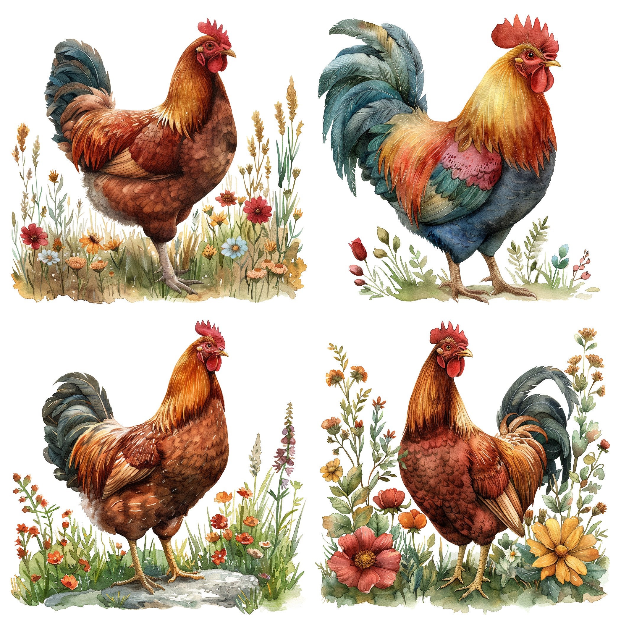 30 Watercolor Chicken PNG Clipart, Farm Hen Scenery Images, Floral ...