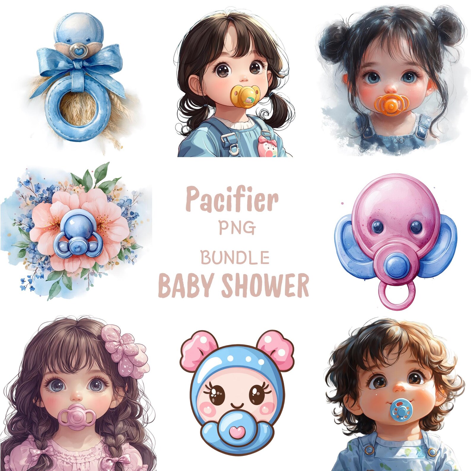 Watercolor Pacifier PNG Clipart Bundle, Baby Shower Art (digital ...
