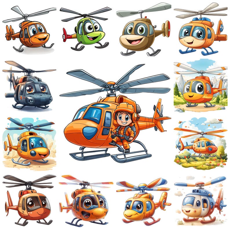 40 Cartoon Helicopter PNG Clipart Bundle, Nursery Funny Helicopter Card ...