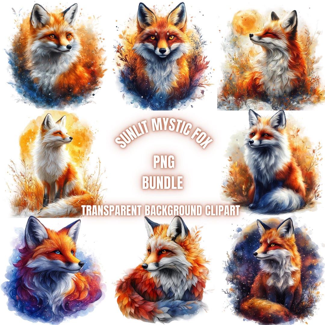 27 Sunlit Mystic Fox PNG Clipart Bundle, Watercolor Mystic Fox ...