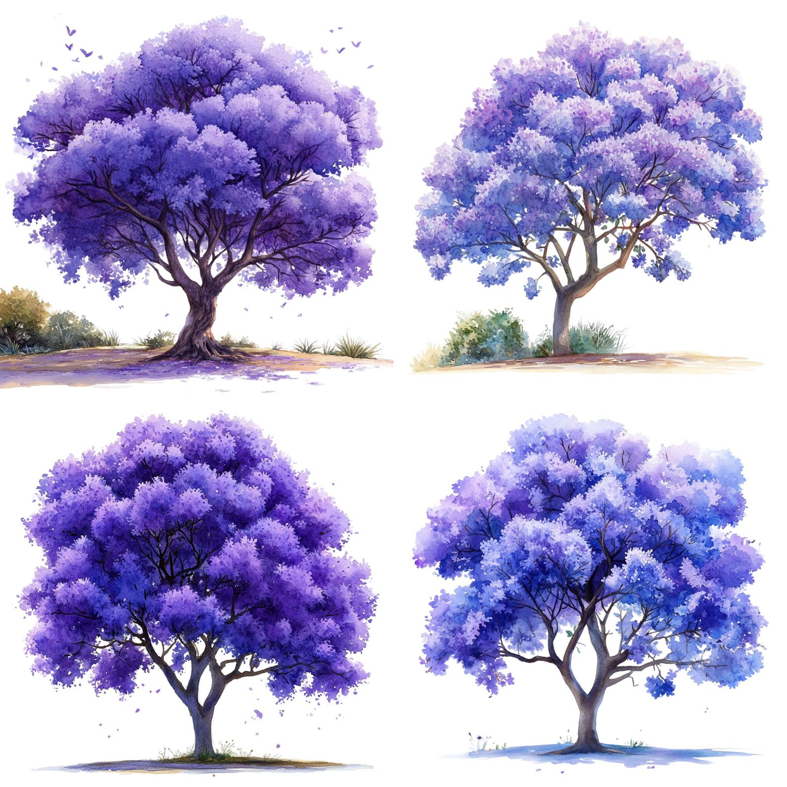 Jacaranda Tree PNG Clipart Bundle, Watercolor Tree Illustration ...