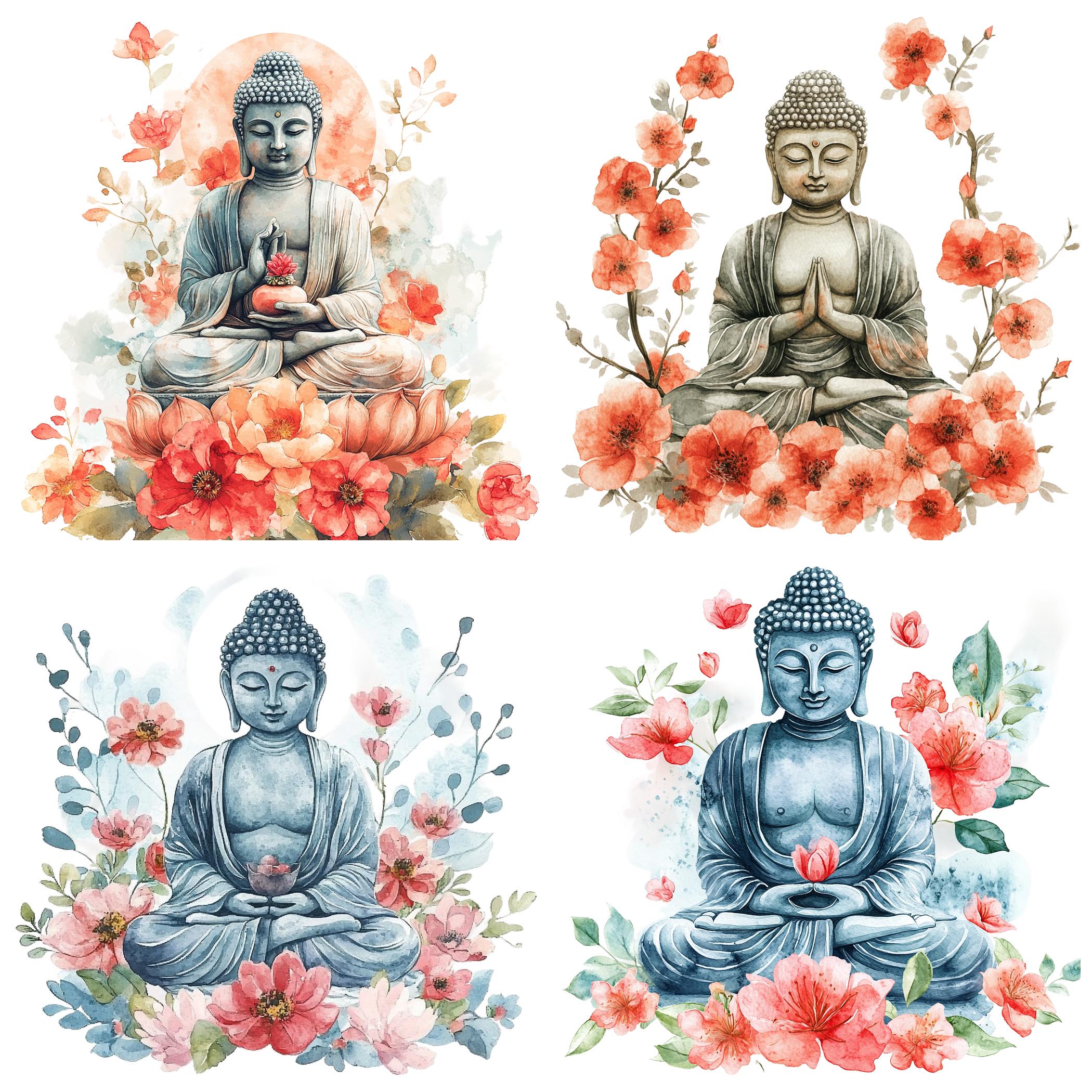 50 Floral Buddha PNG Clipart Bundle, Watercolor Siddhartha Gautama With ...