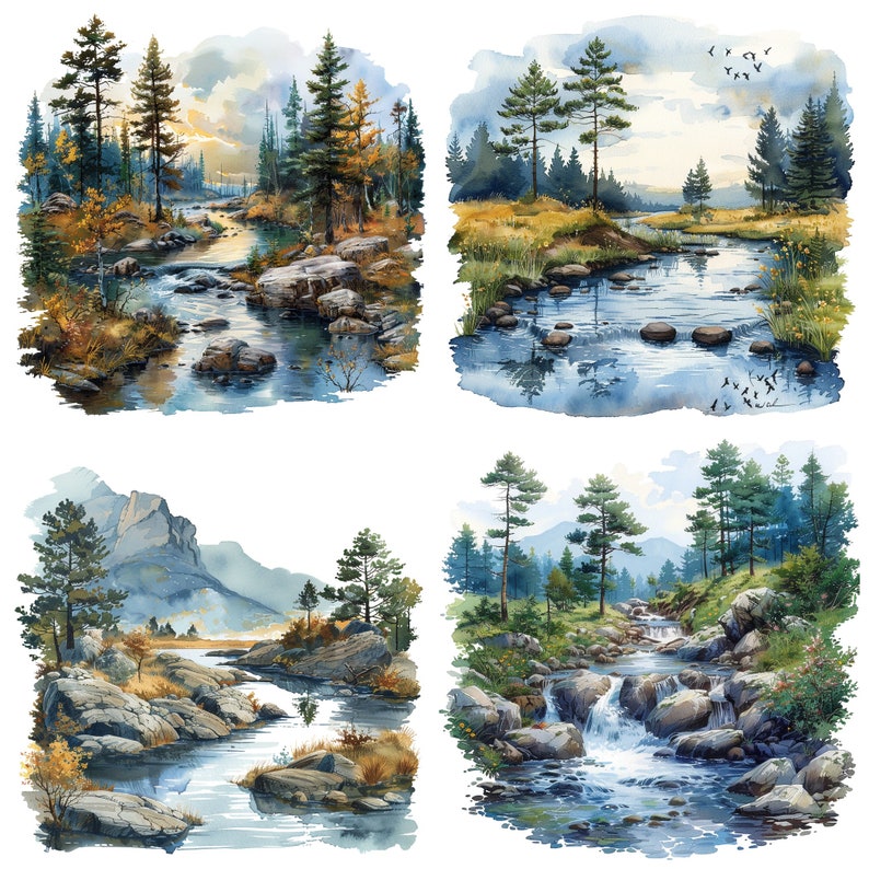 Rushing River PNG Landscape Clipart, Watercolor River Rapids Scenery ...