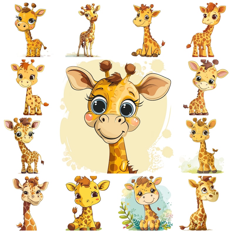 Adorable Giraffe PNG Clipart Bundle, Cartoon Cute Giraffe Transparent ...