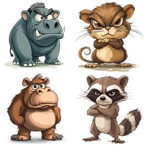 64 Grumpy Animals PNG Clipart Bundle, Cartoon Angry Animals ...