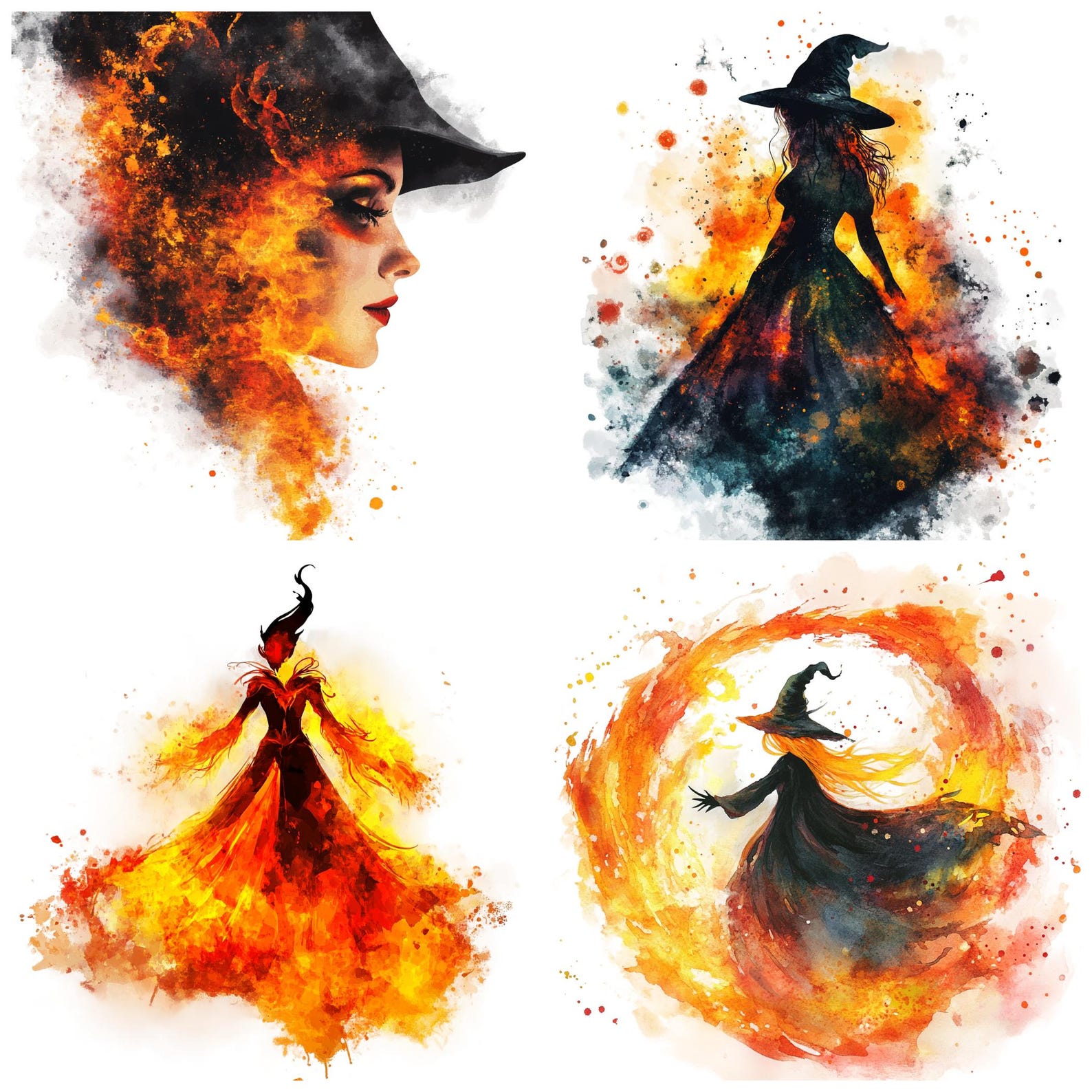 44 Fire Witch Clipart PNG Bundle, Watercolor Flaming Witchcraft ...