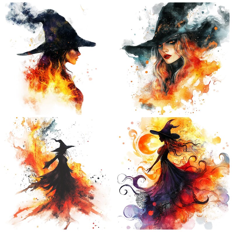 44 Fire Witch Clipart PNG Bundle, Watercolor Flaming Witchcraft ...