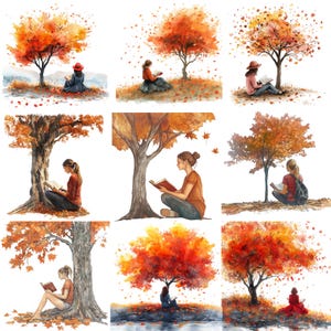 Woman Reading Book Under Autumn Tree PNG Clipart Bundle, Watercolor ...