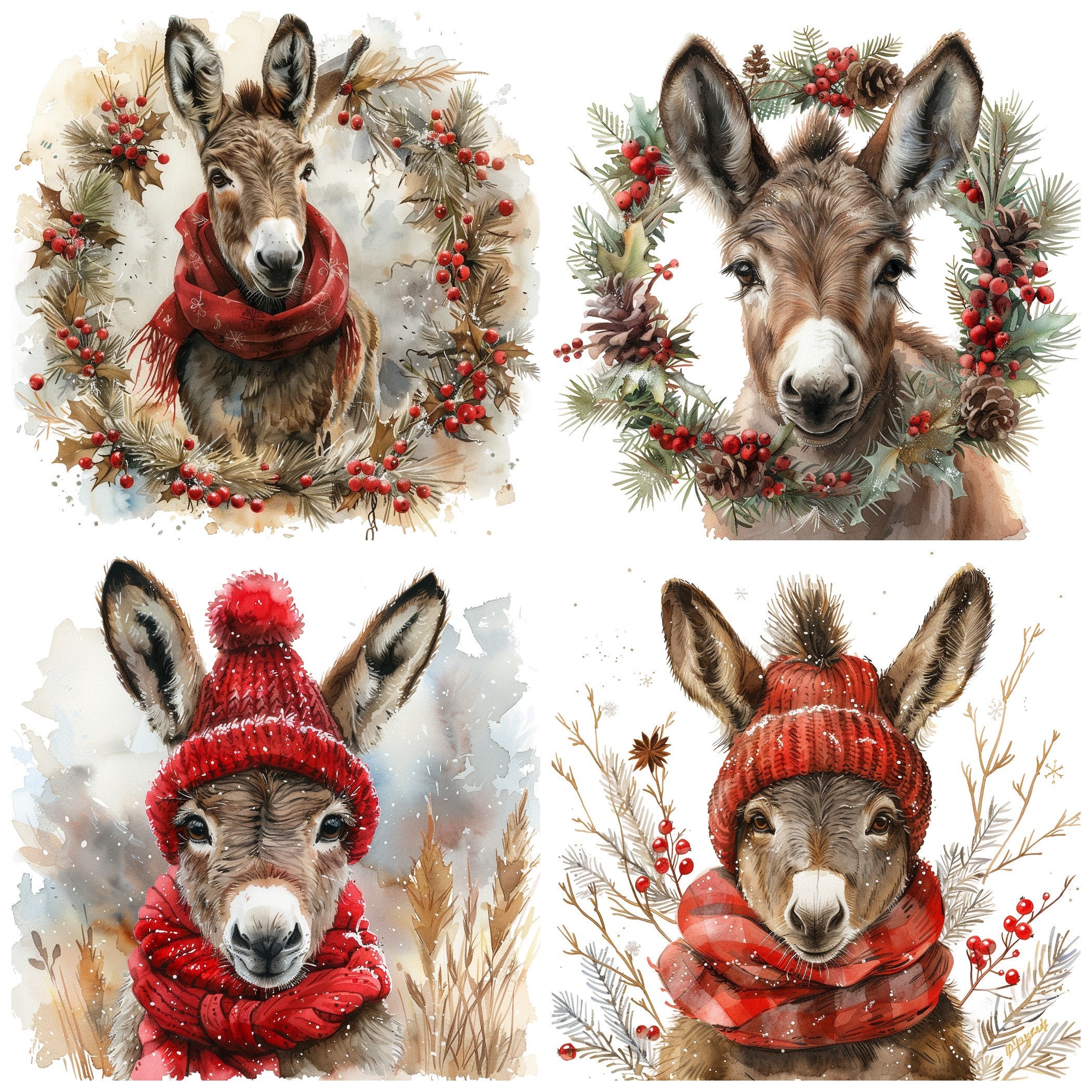 48 Christmas Donkey PNG Clipart, Watercolor Festive Donkey Transparent ...