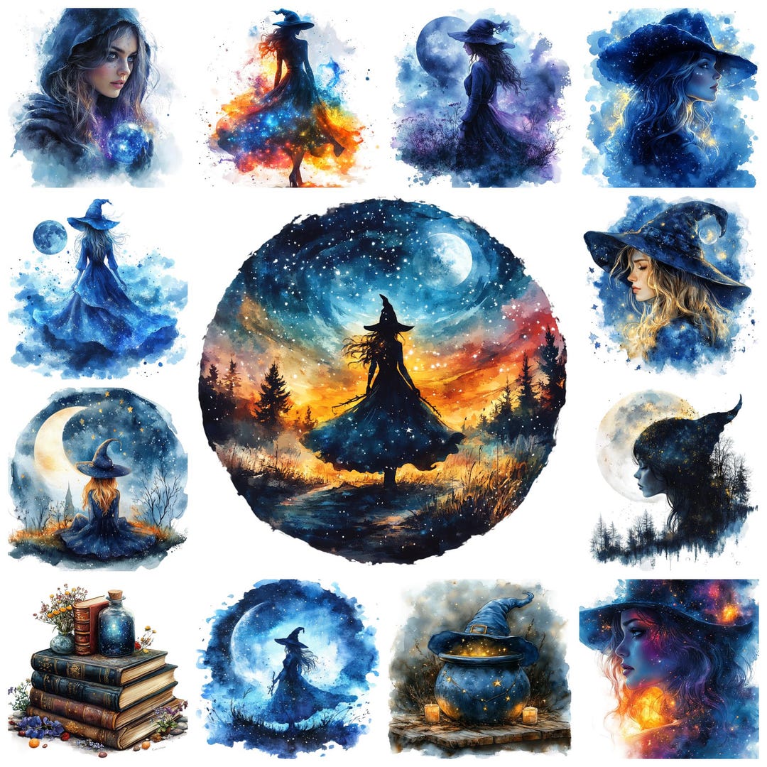 47 Celestial Witch PNG Clipart Bundle, Watercolor Cosmic Witch ...