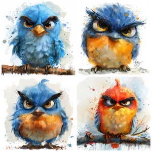 40 Grumpy Birds PNG Clipart, Watercolor Moody Bird Illustration ...
