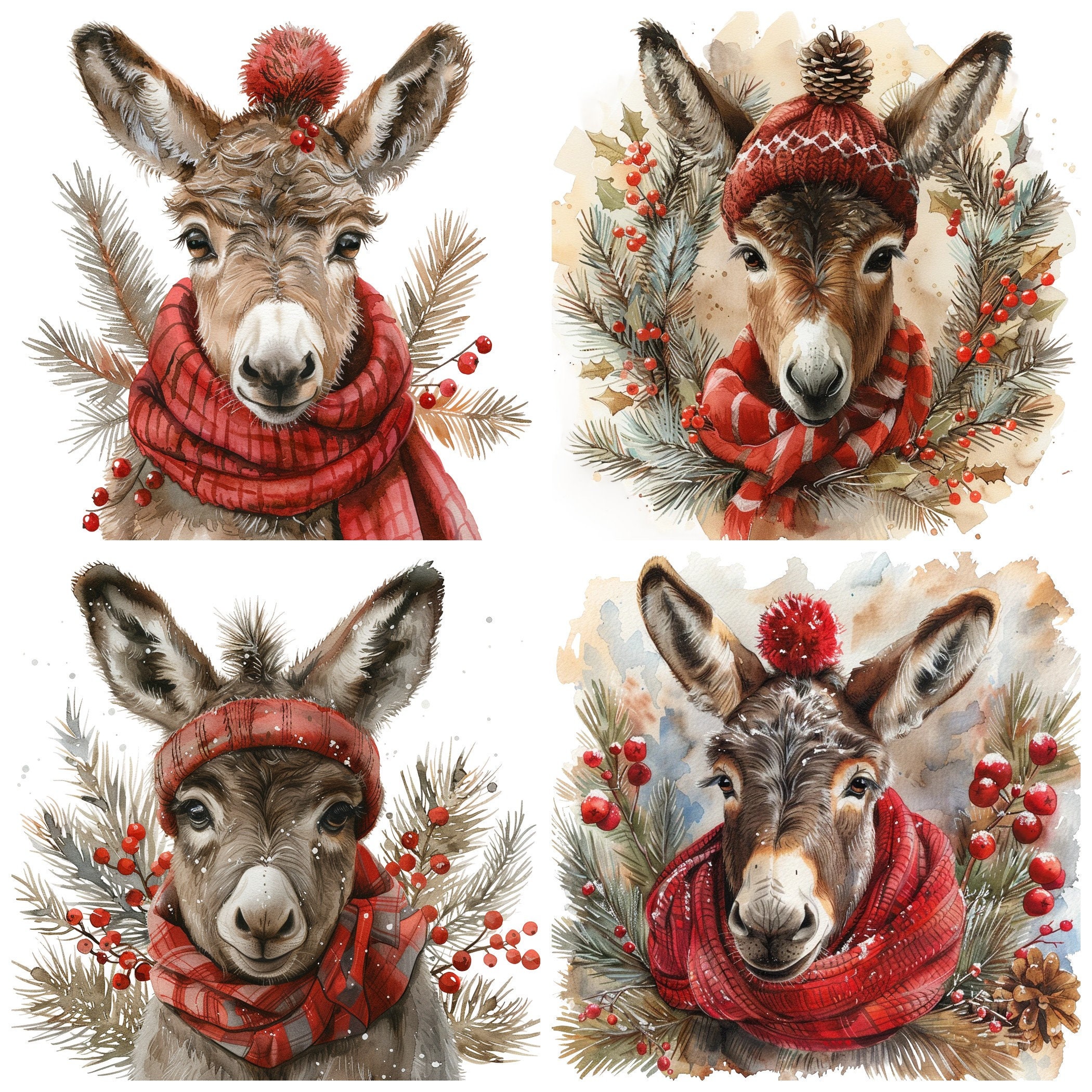 48 Christmas Donkey PNG Clipart, Watercolor Festive Donkey Transparent ...