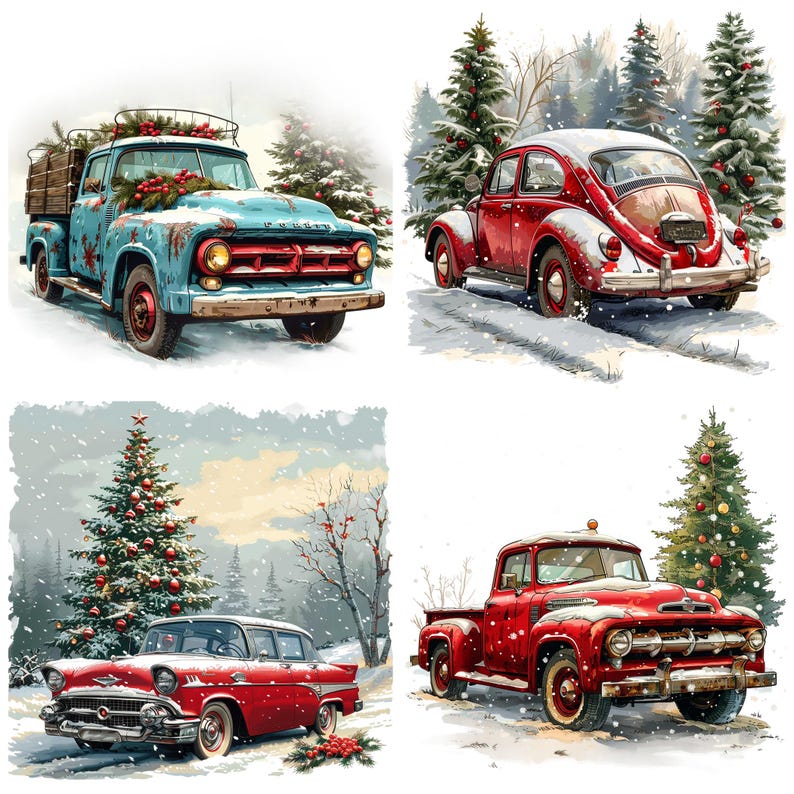 Clipart PNG Christmas Car, Akwarela 28 Ilustracja scenerii samochodu Xmas, Obrazy samochodów ...