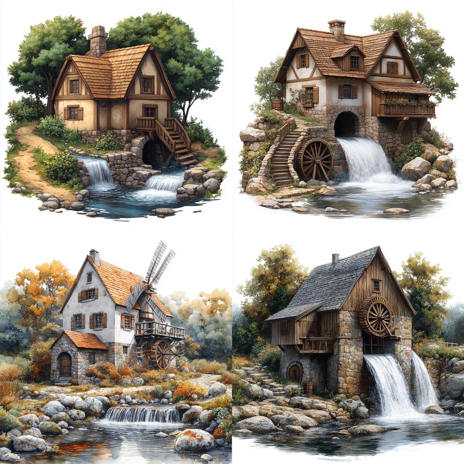 32 Rustic Watermill PNG Clip Art, Watercolor Vintage Old Mill Images ...