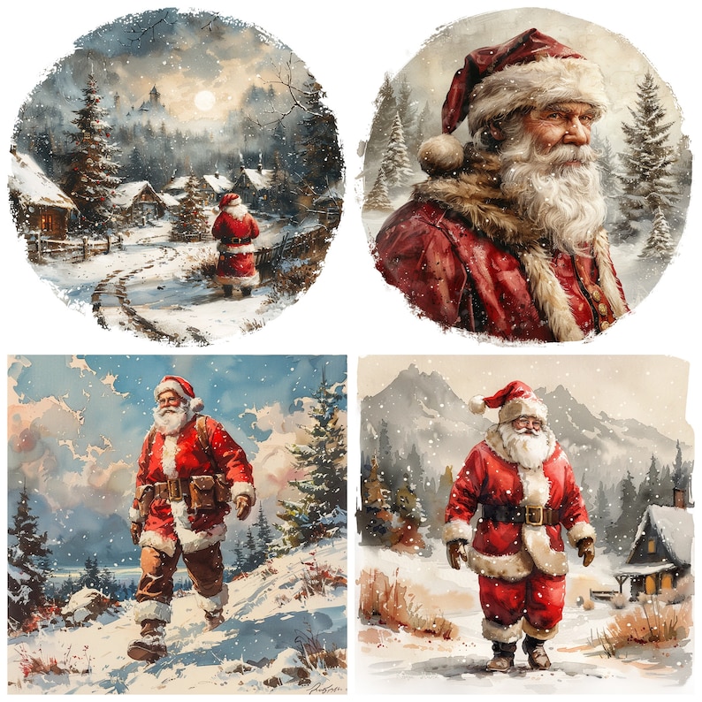 Vintage Santa Claus PNG Clipart Collection, Watercolor Retro Santa ...