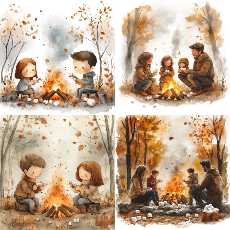 Autumn Cozy Campfire Scenery PNG Clipart Bundle, Watercolor Fall Season ...