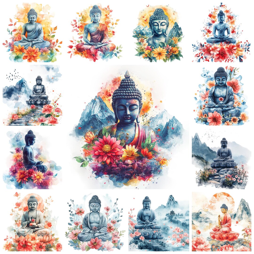 50 Floral Buddha PNG Clipart Bundle, Watercolor Siddhartha Gautama With ...