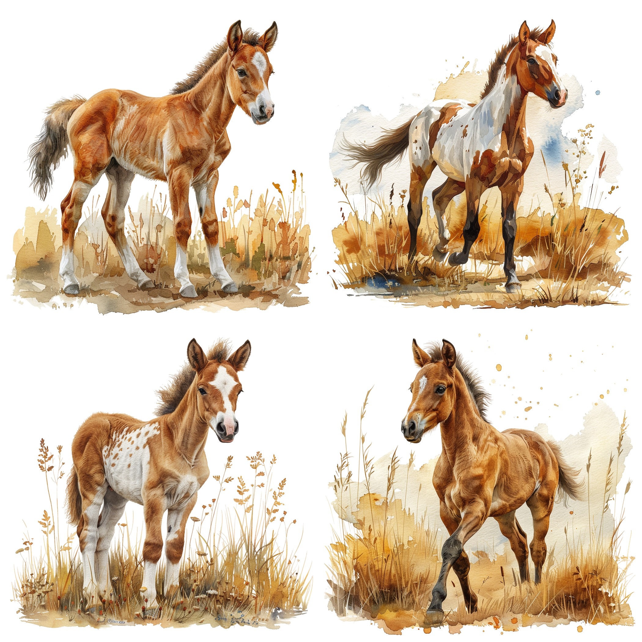 43 Foal PNG Clipart Bundle, Watercolor Foal Artwork Illustration, Young ...