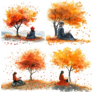 Woman Reading Book Under Autumn Tree PNG Clipart Bundle, Watercolor ...