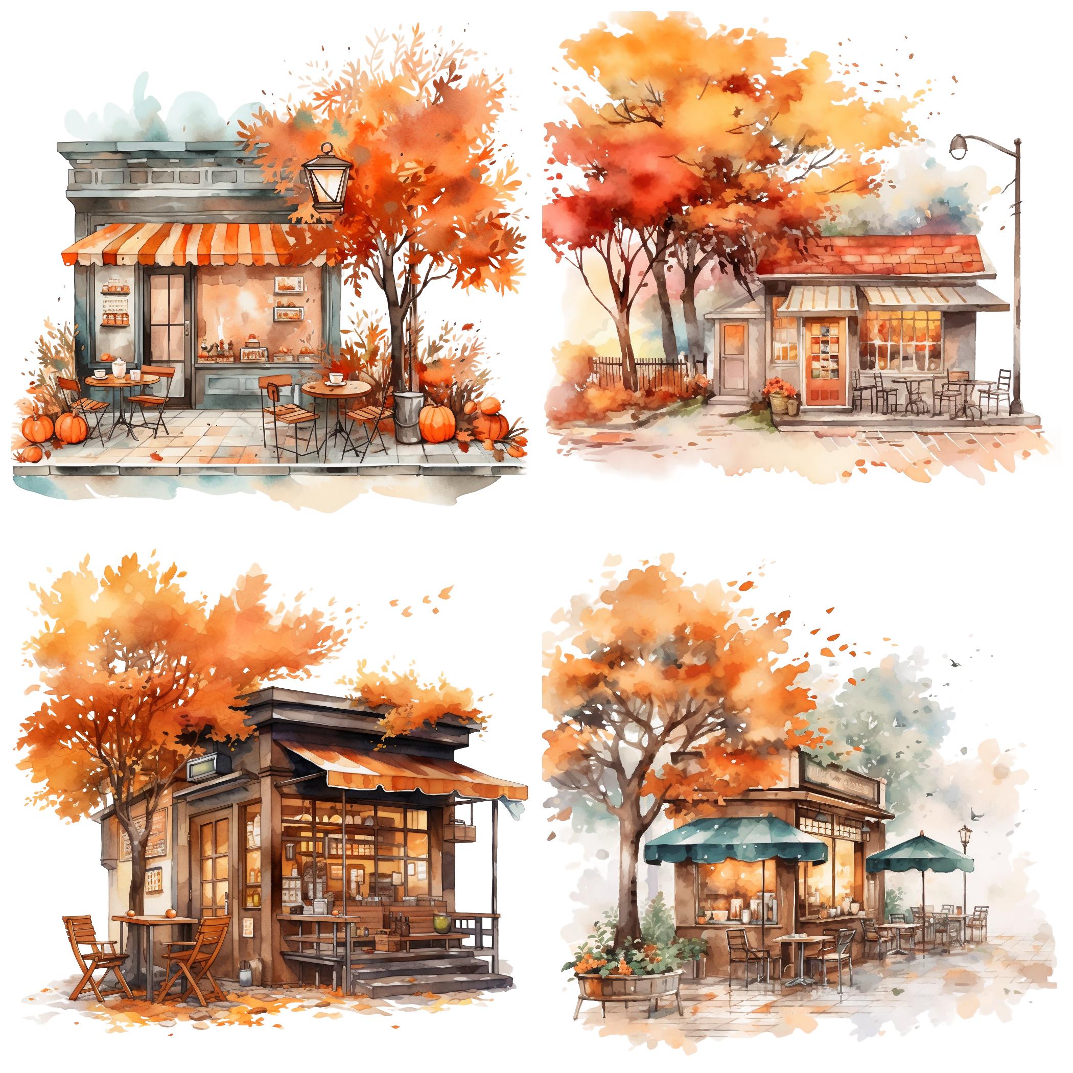 50 Fall Season Coffee Shop Scenery PNG Clipart Bundle, Watercolor Cozy ...