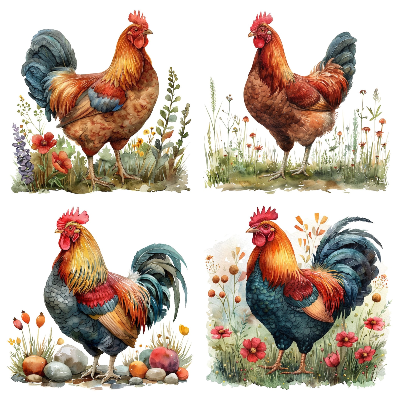 30 Watercolor Chicken PNG Clipart, Farm Hen Scenery Images, Floral ...