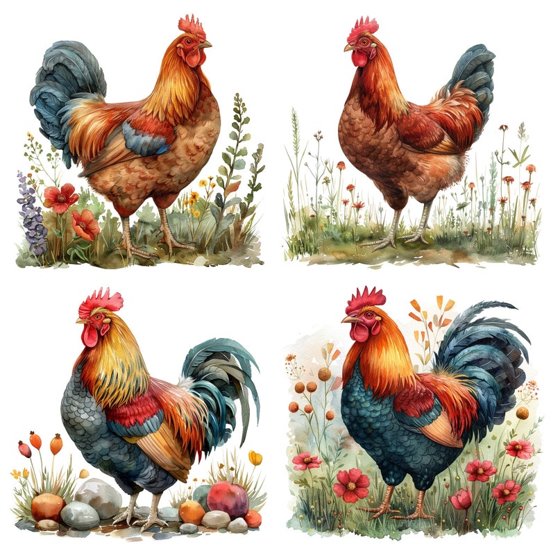 30 Watercolor Chicken PNG Clipart, Farm Hen Scenery Images, Floral ...