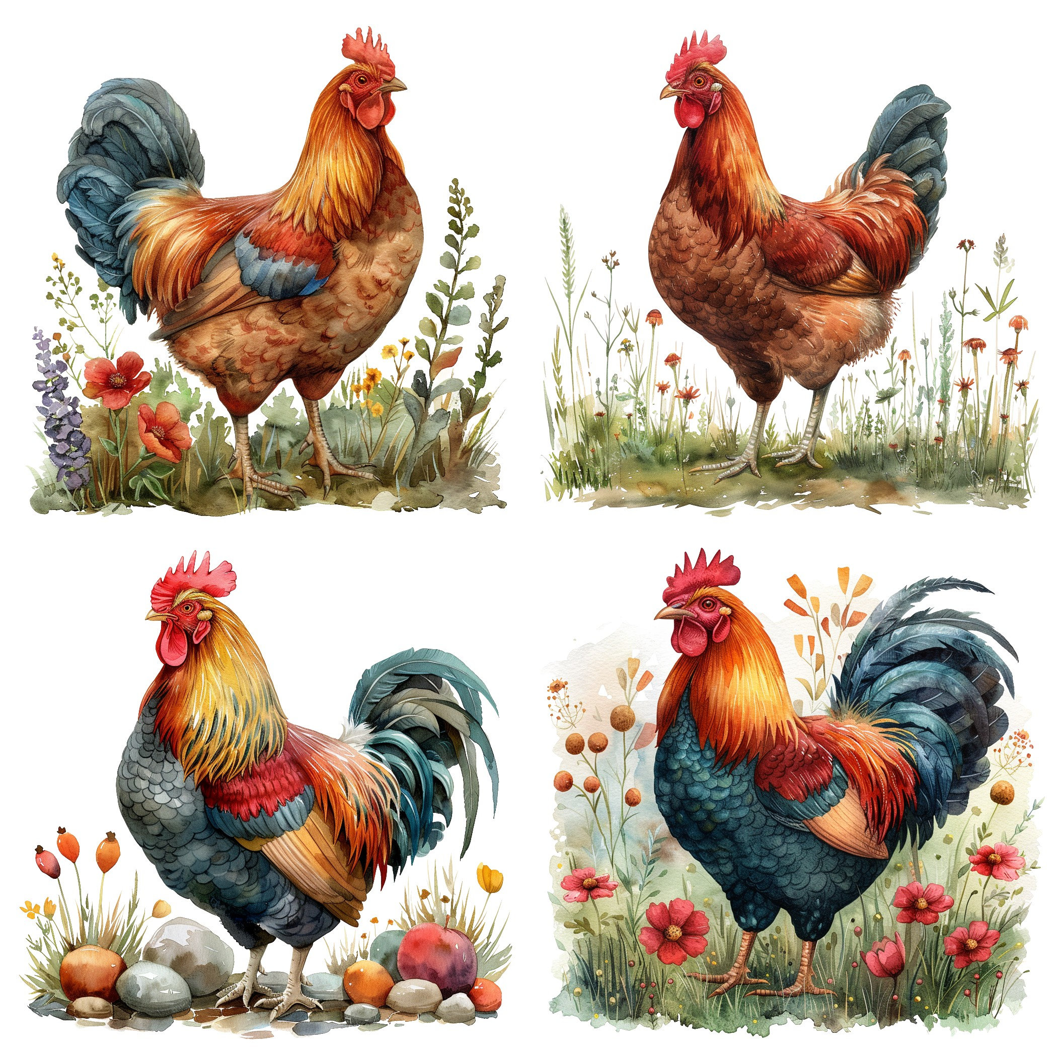 30 Watercolor Chicken PNG Clipart, Farm Hen Scenery Images, Floral ...