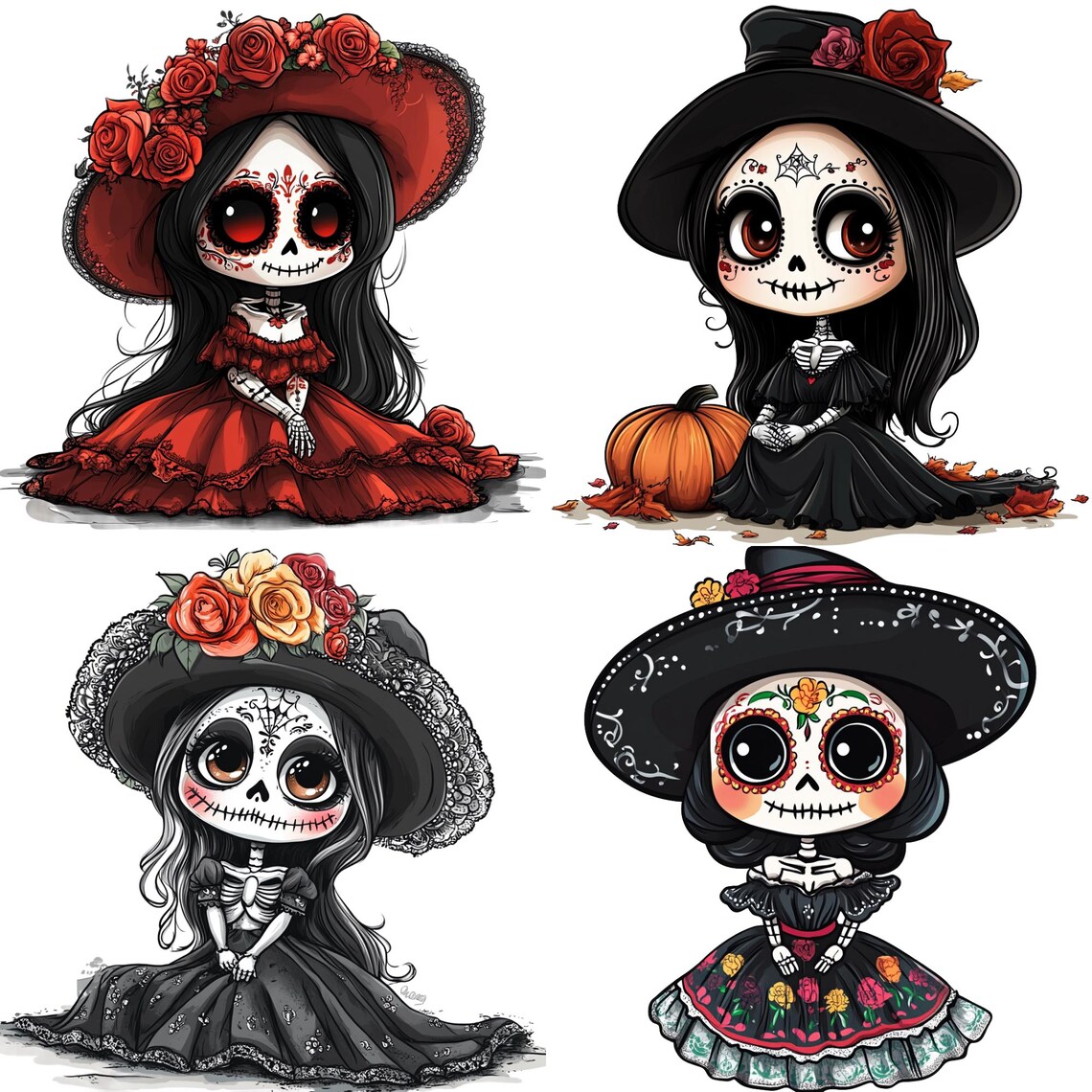 40 Chibi La Catrina PNG Clipart Bundle, illustration d'art folklorique ...