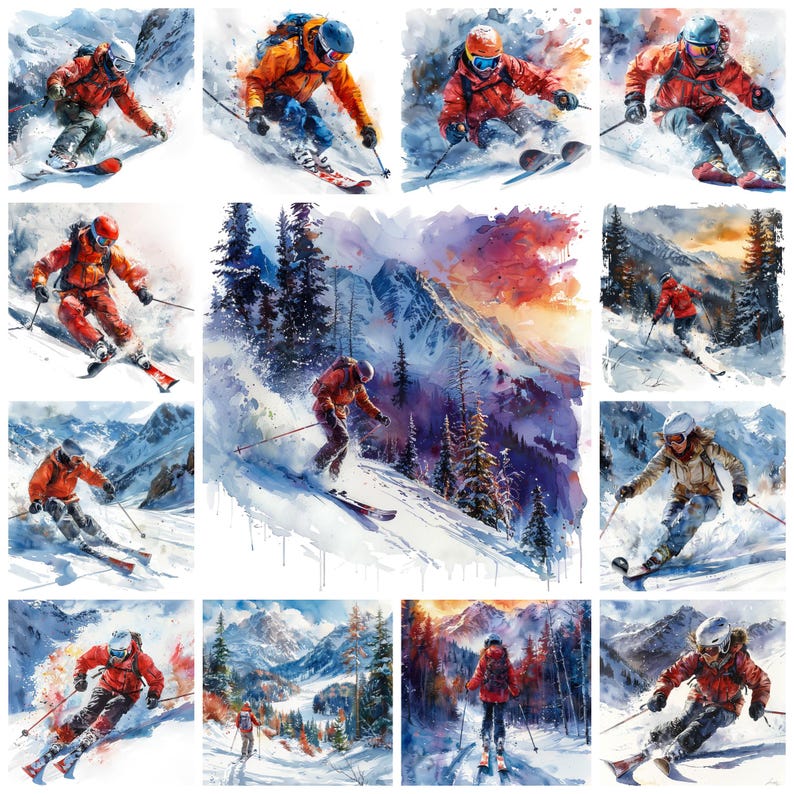 Skiing PNG Scenery Clipart, Watercolor 44 Snowy Mountain Slopes, Nordic ...