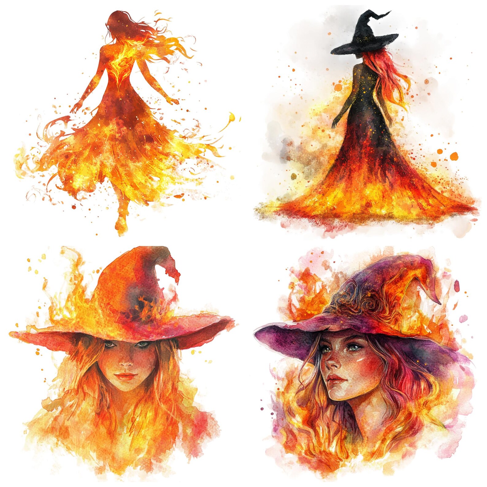 44 Fire Witch Clipart PNG Bundle, Watercolor Flaming Witchcraft ...