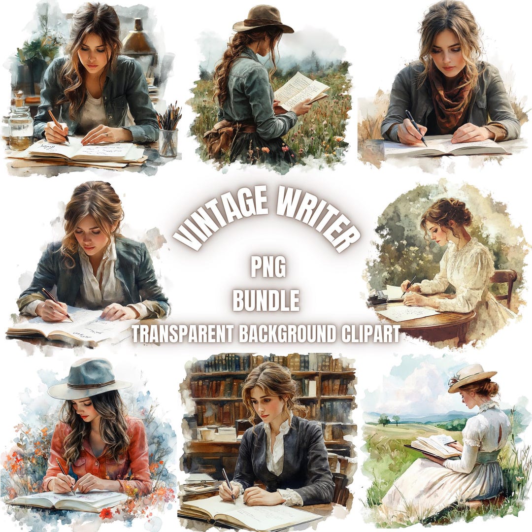 50 Vintage Woman Writer PNG Clipart Bundle, Watercolor Retro Writer ...