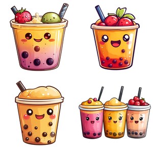 Kawaii Boba Tea PNG Clipart Bundle, Watercolor Illustration (commercial ...