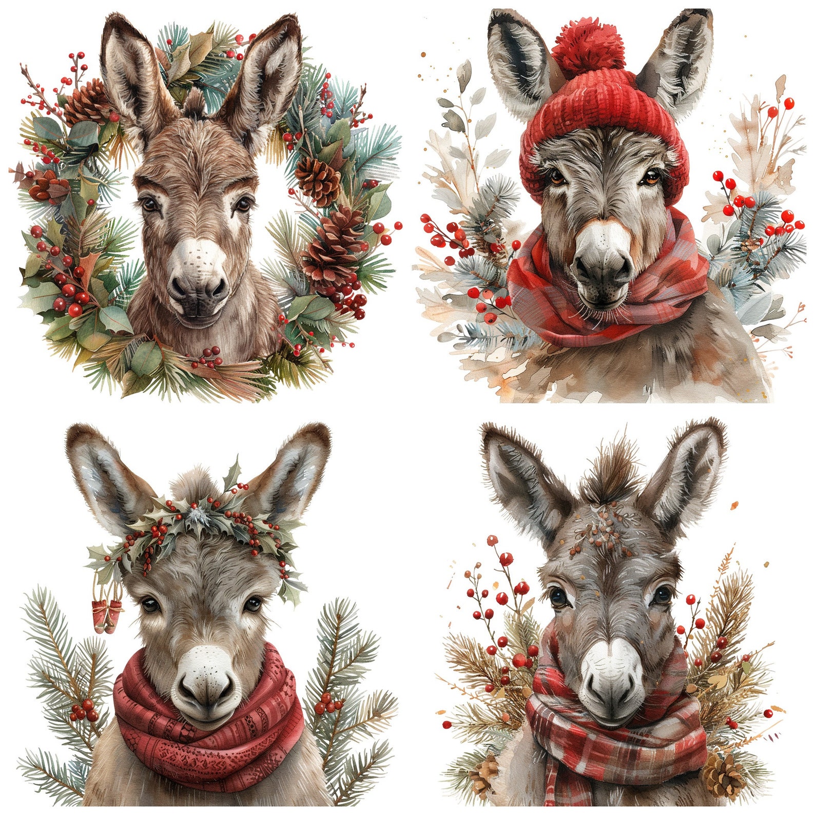 48 Christmas Donkey PNG Clipart, Watercolor Festive Donkey Transparent ...