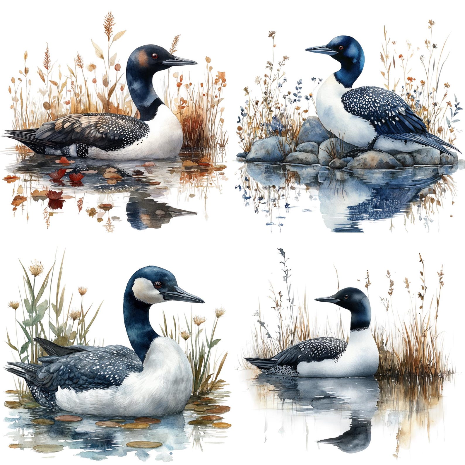 28 Common Loon PNG Clipart Bundle, Watercolor Loon Silhouette Abstract ...