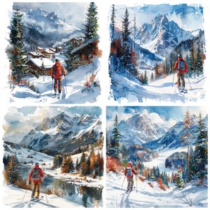 Skiing PNG Scenery Clipart, Watercolor 44 Snowy Mountain Slopes, Nordic ...