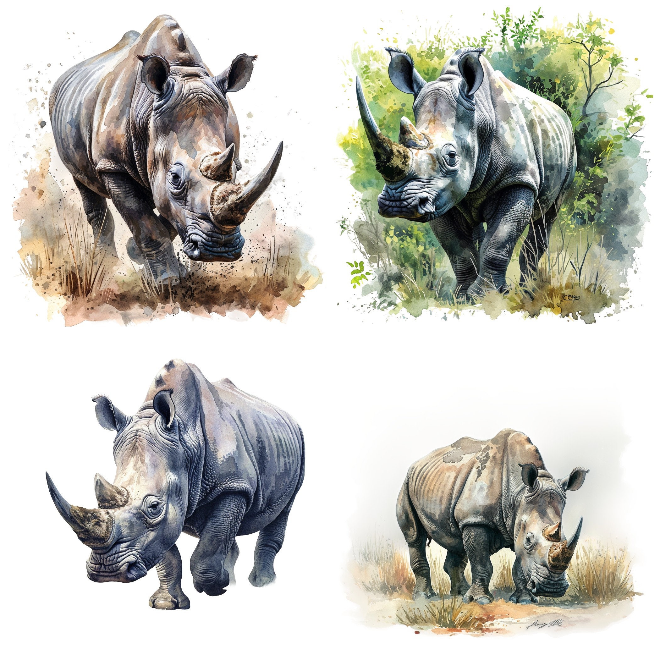 30 Rhino PNG Clipart, Watercolor South African White Rhinoceros Scenery ...
