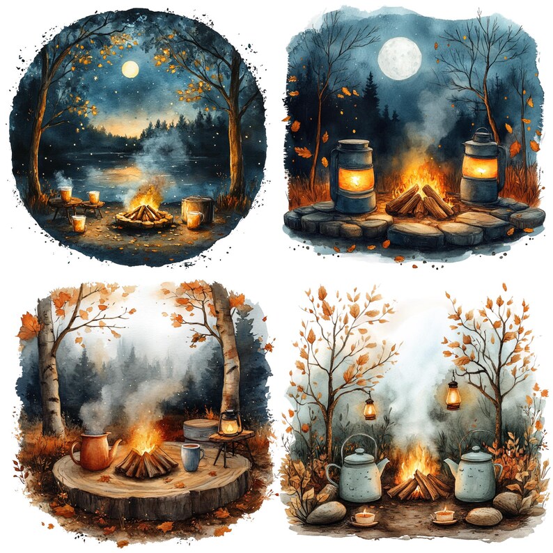 Autumn Cozy Campfire Scenery PNG Clipart Bundle, Watercolor Fall Season ...