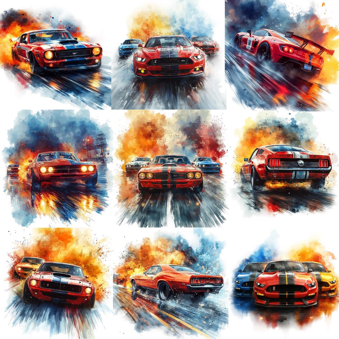 Watercolor Colorful Drag Racing PNG Clipart Bundle, Drag Race Realistic ...